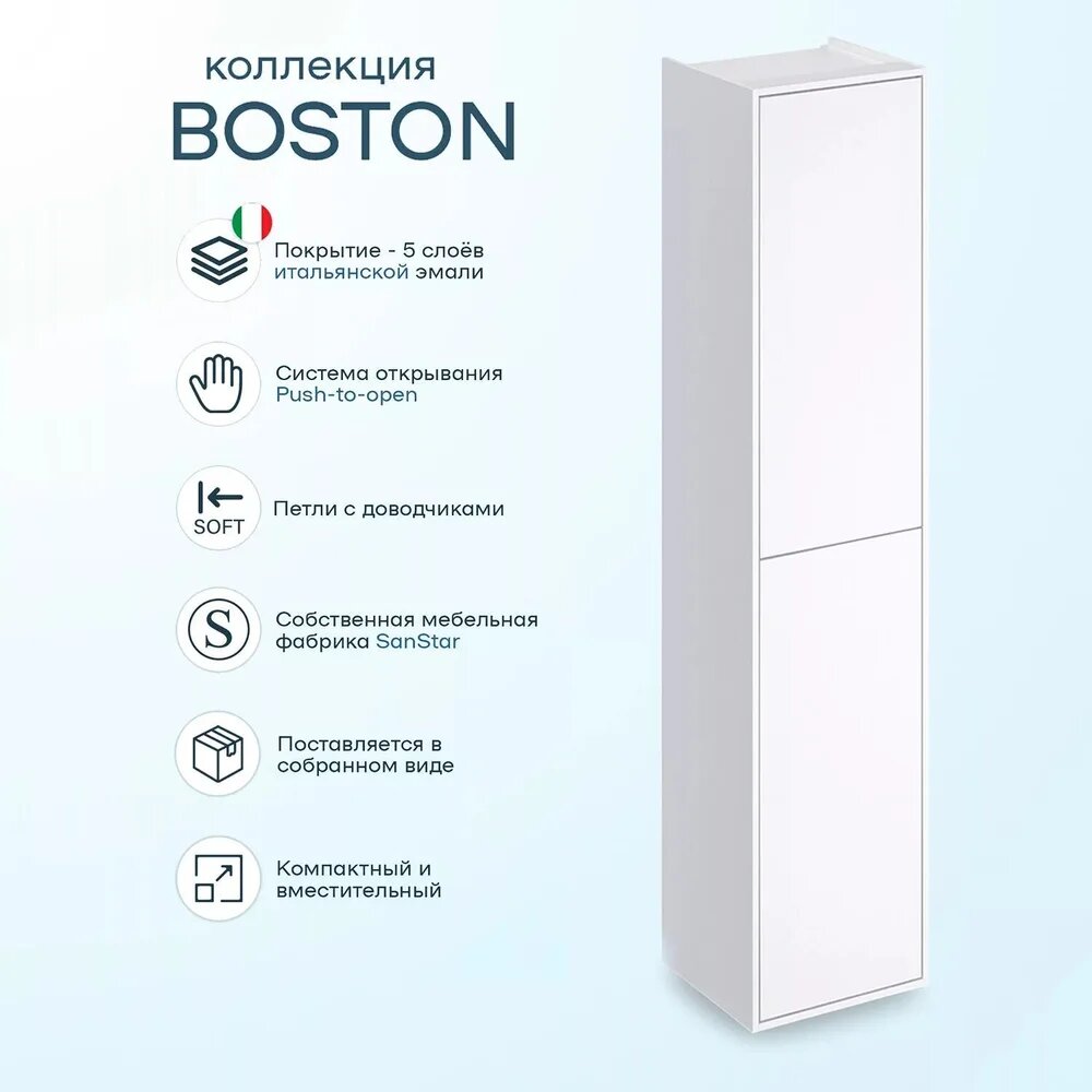 Шкаф-пенал для ванной SanStar Boston 35 подвесной, 35,6 см, белый, глянцевый, с дверками, из МДФ, фурнитура хром