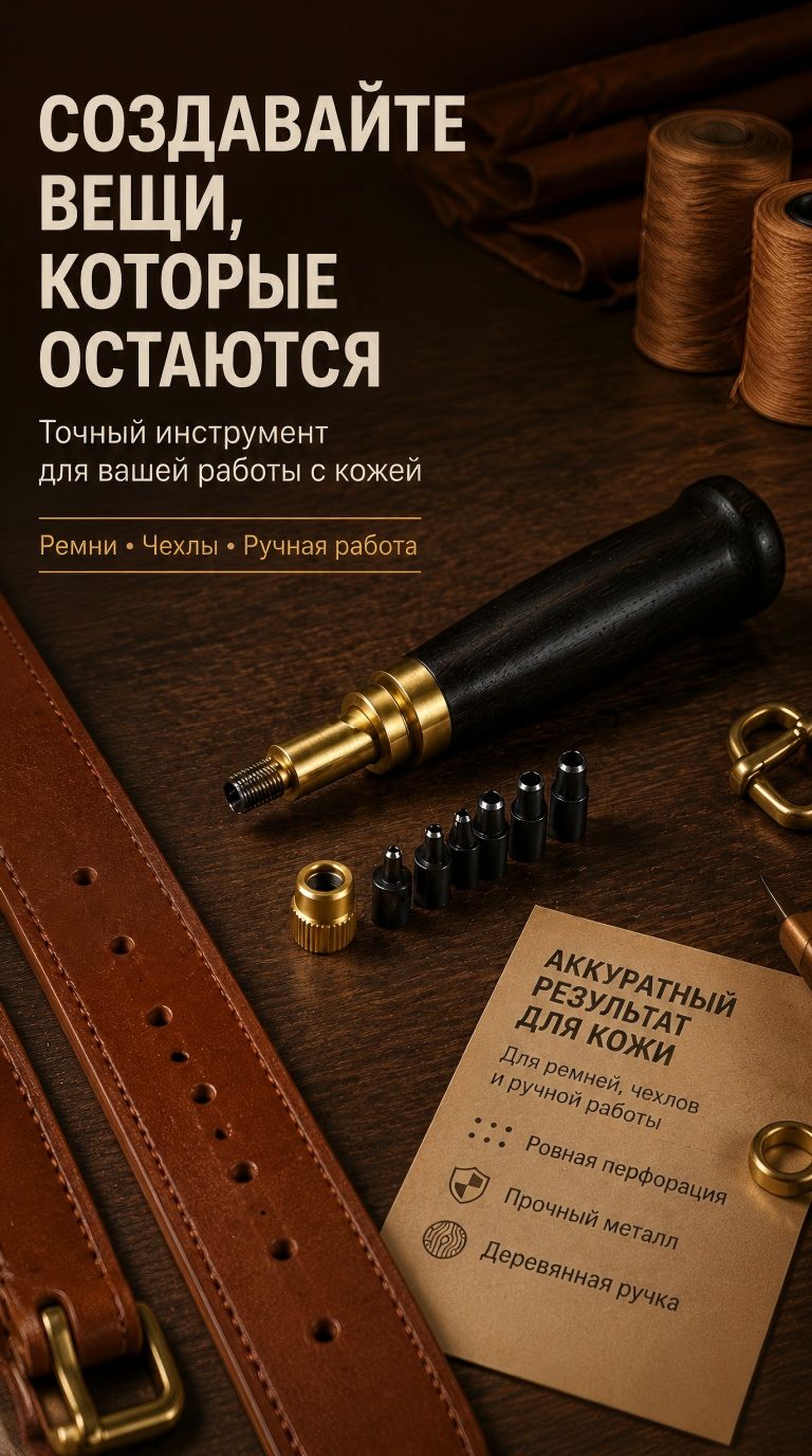 Винтовой пробойник для кожи и ткани (бесшумный дырокол), 6 сменных насадок (1.5-4 мм). Инструмент для рукоделия и ремней