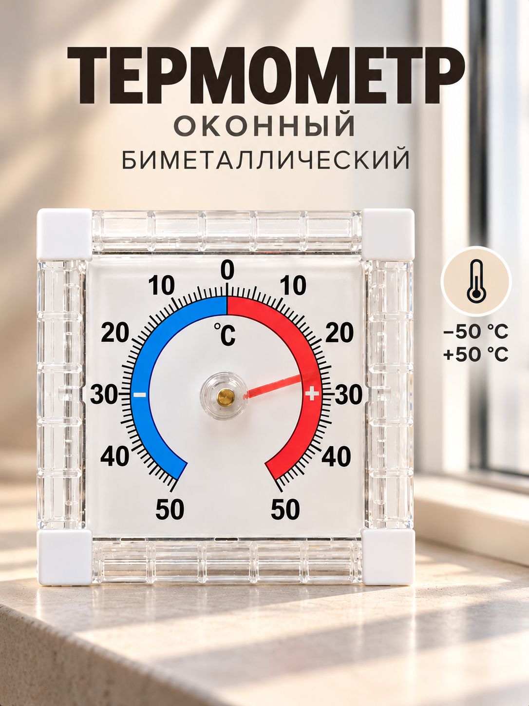 Термометр уличный, оконный, пластиковый. Градусник биметаллический квадратный на клейкой ленте
