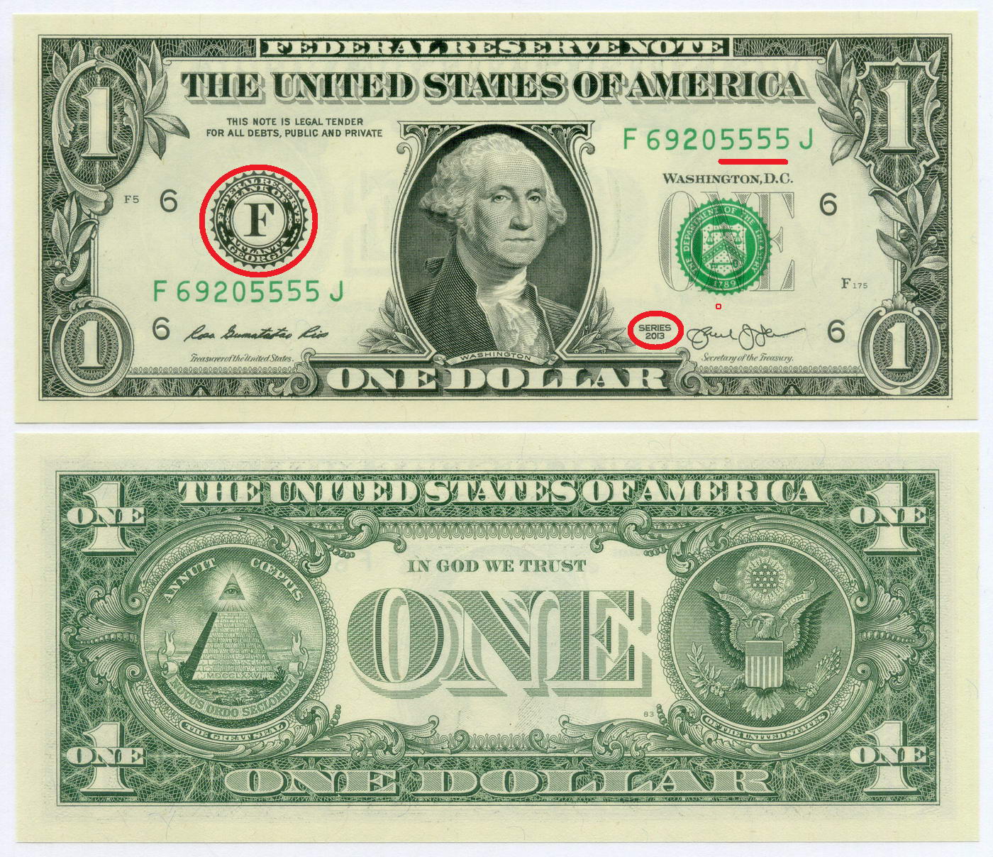 Банкнота США 1 доллар 2013 F69205555J (Атланта). Красивый номер. UNC из пачки