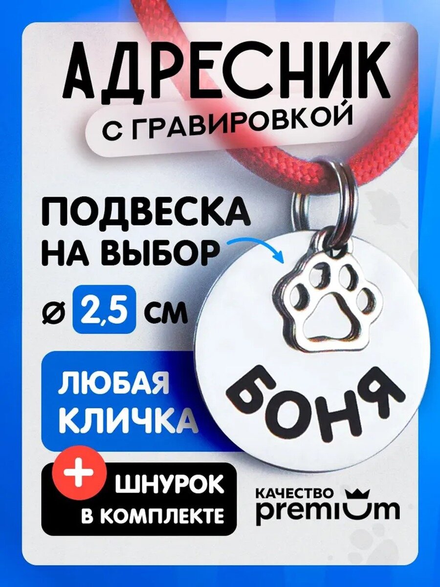 Адресник для собак и кошек с гравировкой Регулируемый шнурок, нержавеющая сталь, круглый 25 мм Чудолапки