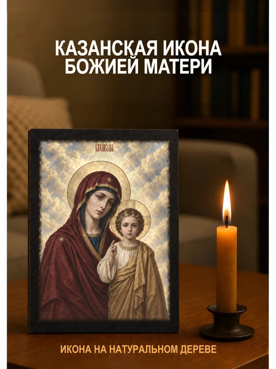 Икона «Казанская икона Божией Матери» на натуральном дереве, 15×18 см, храмовая живопись, потёртое золото