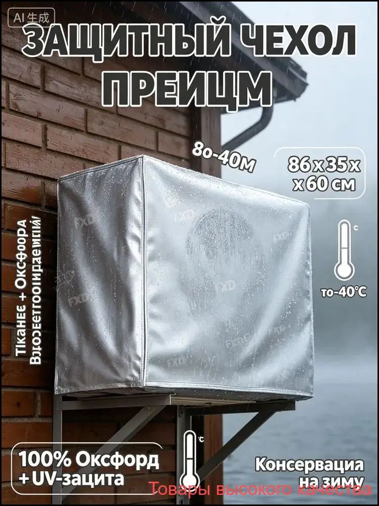 Чехол для консервации кондиционера 86х35х60 см. Защитный тент оксфорд от обледенения и пуха; морозостойкий серебристый кожух для сплит-систем