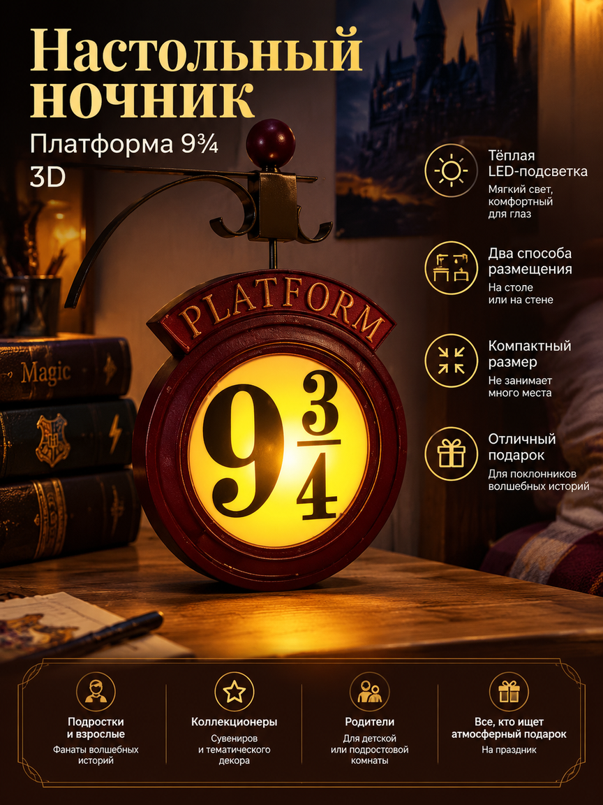 Настольный ночник Платформа 9¾ 3D с тёплой LED-подсветкой, светильник на стену, бордовый