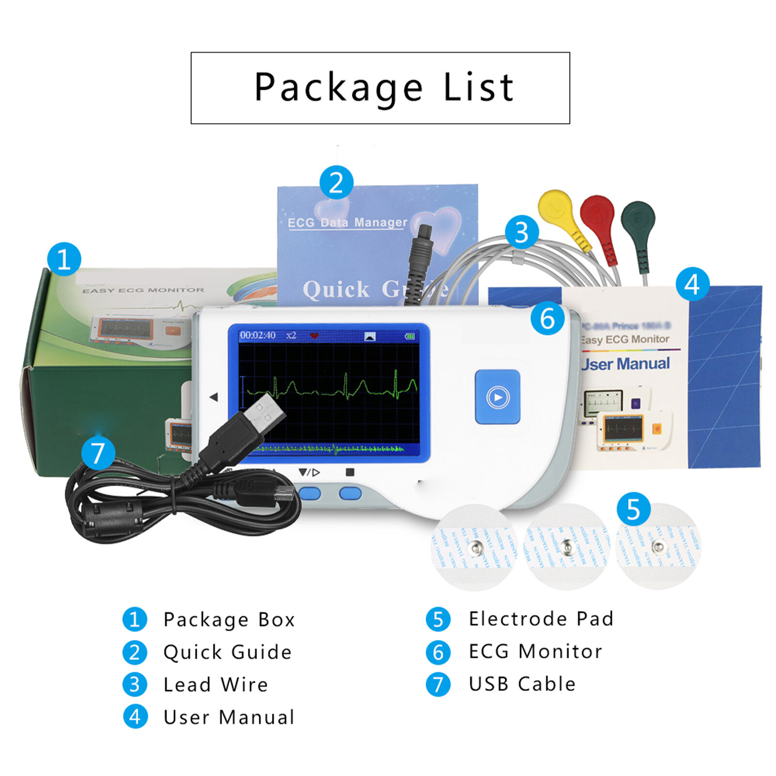 Медицинский портативный монитор ЭКГ Heal Force, монитор сердечного ритма с USB-кабелем + клейкий электрод + провода, одобренные FDA и CE