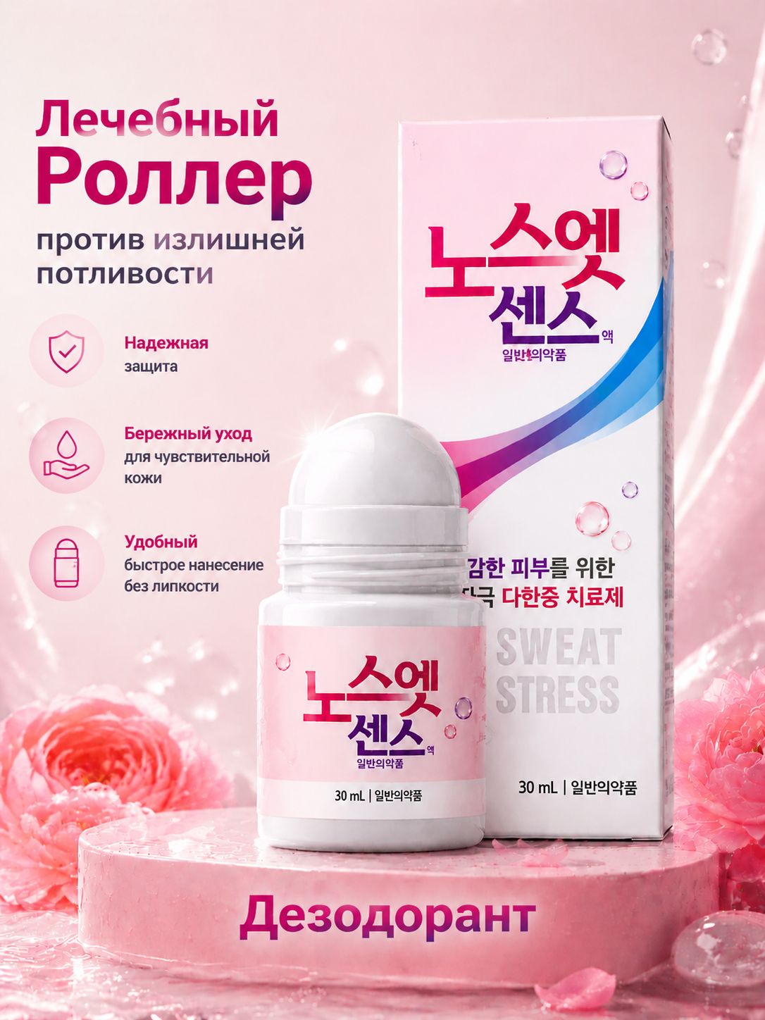 No Stress no Sweat Лечебный Роллер против излишней потливости для чувствительной кожи, 30 мл