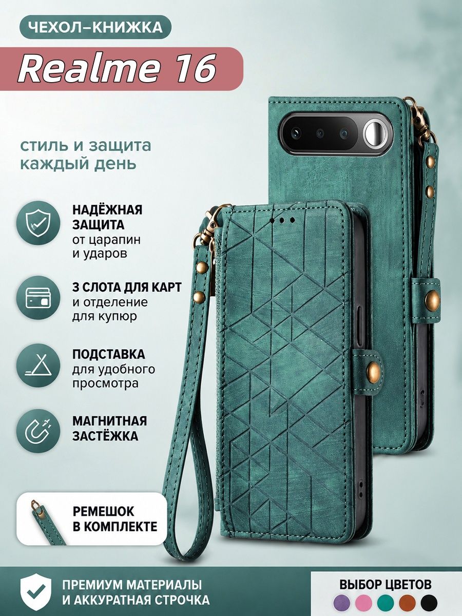 Чехол книжка на Realme 16(реалме 16) С визитницей из экокожи, модный, против падения, подарочный, элитный, Кожаный(красный)