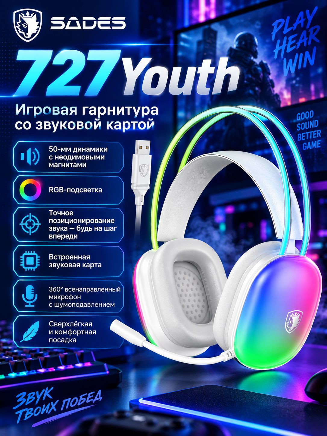 SADES Наушники игровые проводные с микрофоном для компьютера / Игровая гарнитура для пк Белый