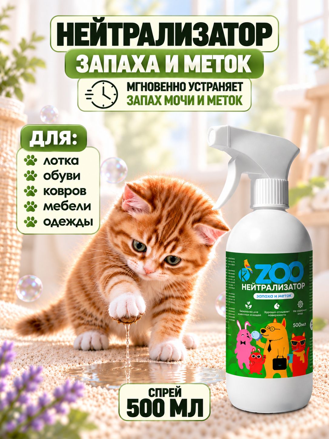 Нейтрализатор, ликвидатор запахов животных, кошачьего туалета, меток, кошачьей мочи и мочи собак, K-DEZ ZOO спрей 500 мл