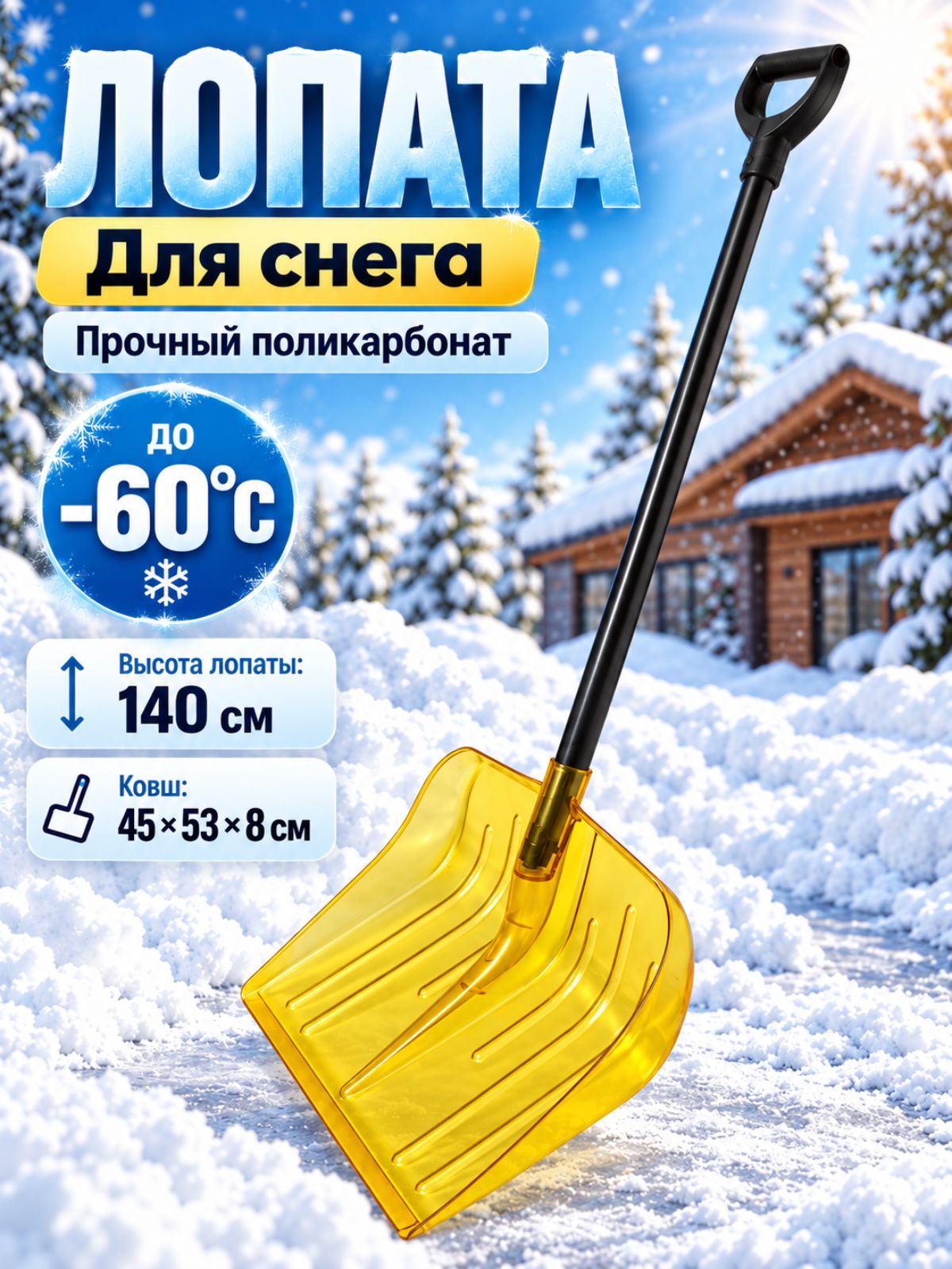 Лопата для снега ЛСУП-530-П Кристалл из поликарбоната цвет Желтый деревянный черенок в оплетке