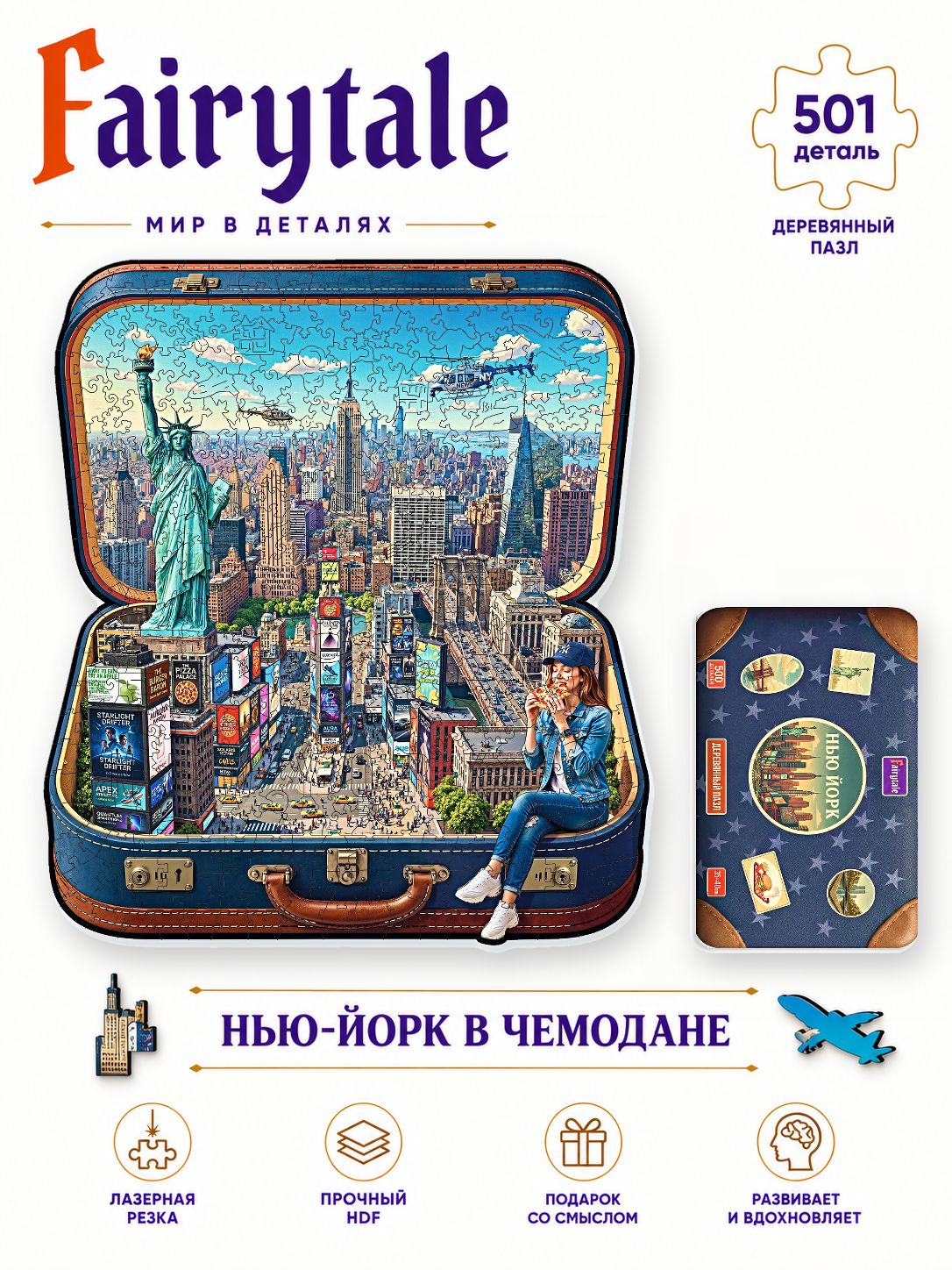 Деревянный пазл для взрослых, фигурный, Fairytale Нью Йорк в чемодане, 501 деталь, 36х50 см, головоломка, большой, путешествия, города, антистресс, подарок