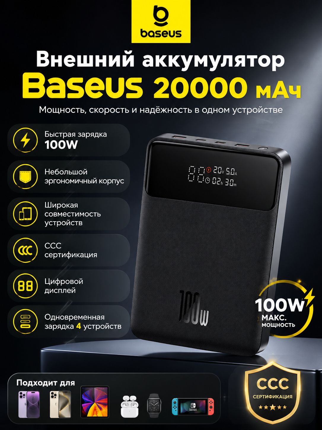Внешний аккумулятор Baseus Blade H1 Lite 20000 мАч 100W