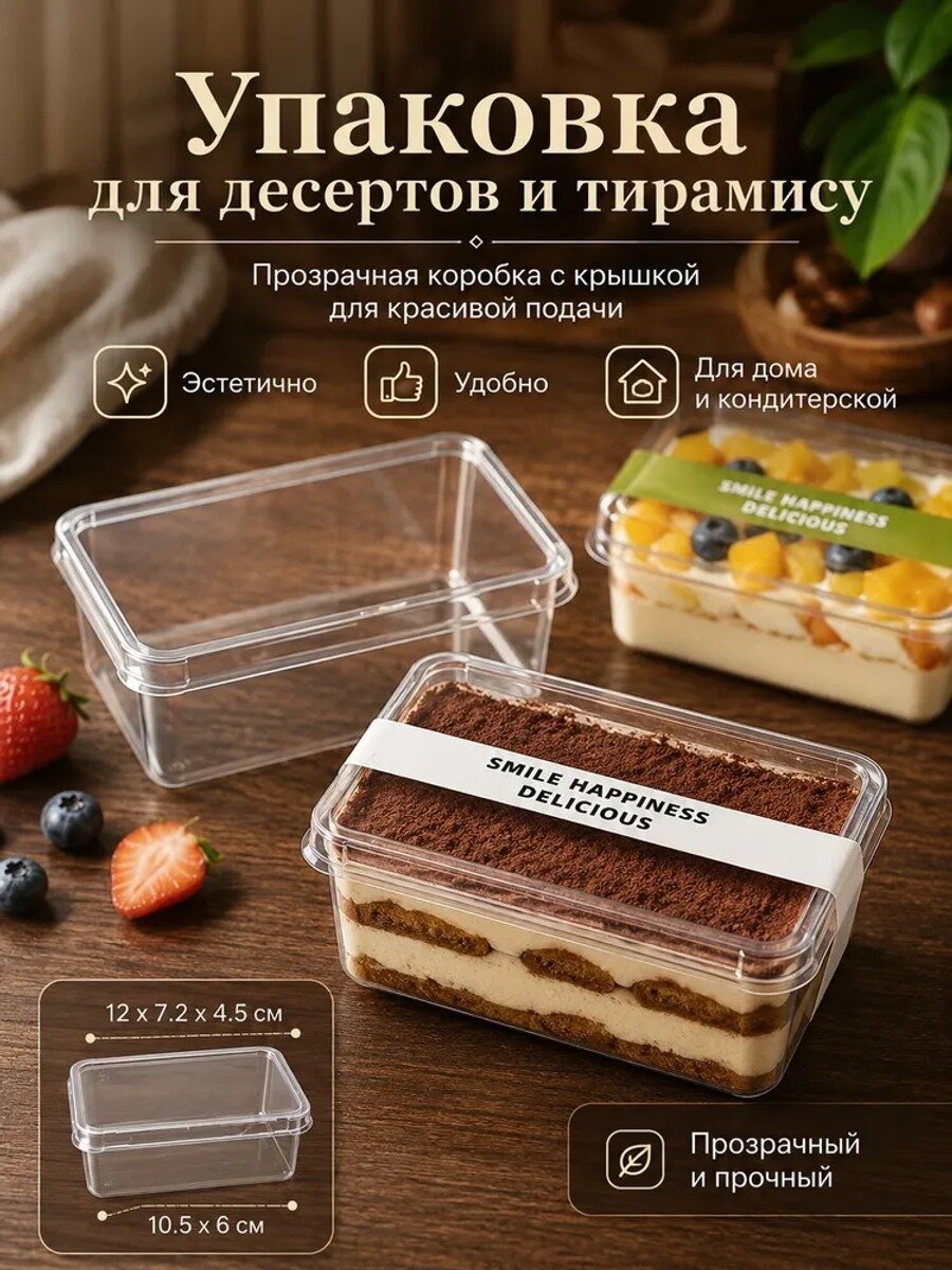 Упаковка для десертов с крышкой 100 шт, прозрачный контейнер для тирамису, пирожных, мусса и фруктовых десертов