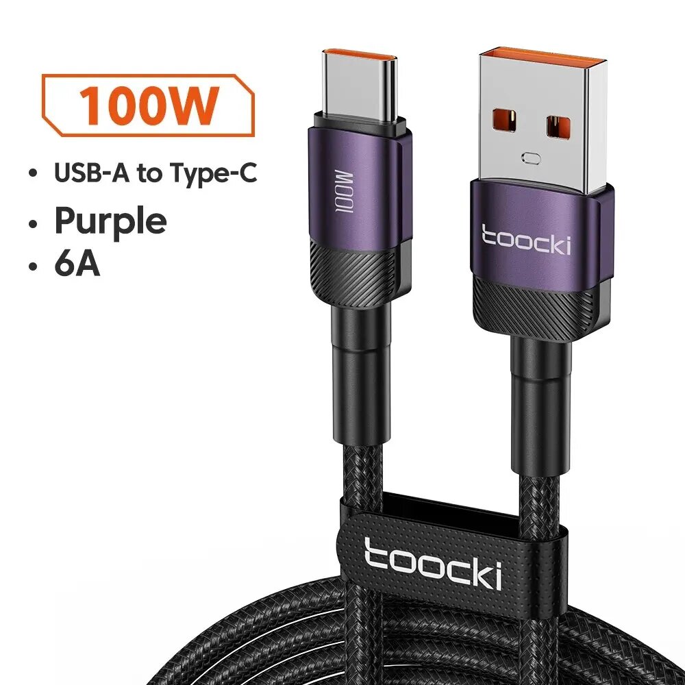 Toocki кабель USB-A to Type-C 100W 6A, фиолетовый, 2m