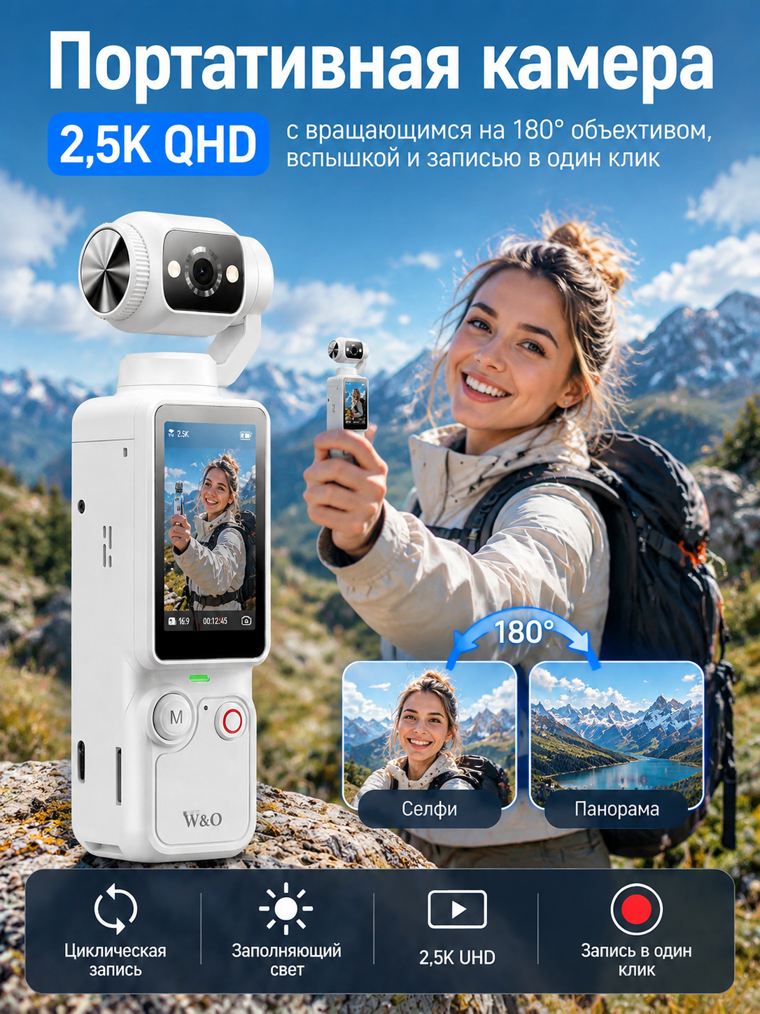 Портативная камера 2,5K QHD с вращающимся на 180° объективом, вспышкой и записью в один клик