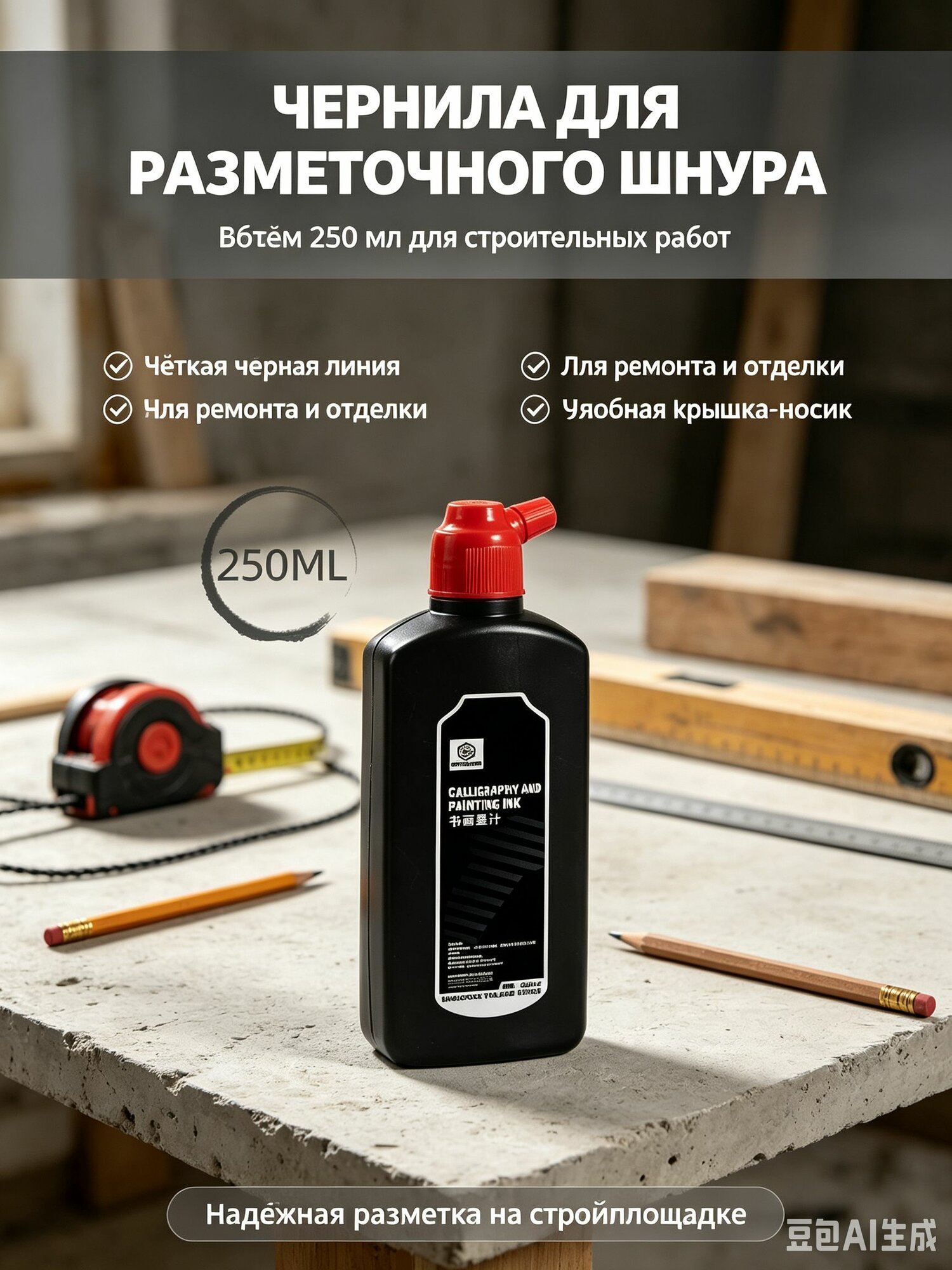 Чернила для разметочной нити, для строительного шнура маркера, объем 250 мл, черный1шт