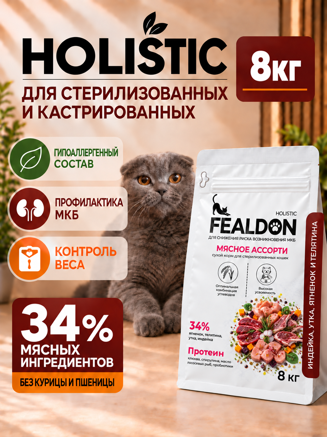 Корм для стерилизованных кошек сухой профилактика МКБ, контроль веса, холистик 8 кг