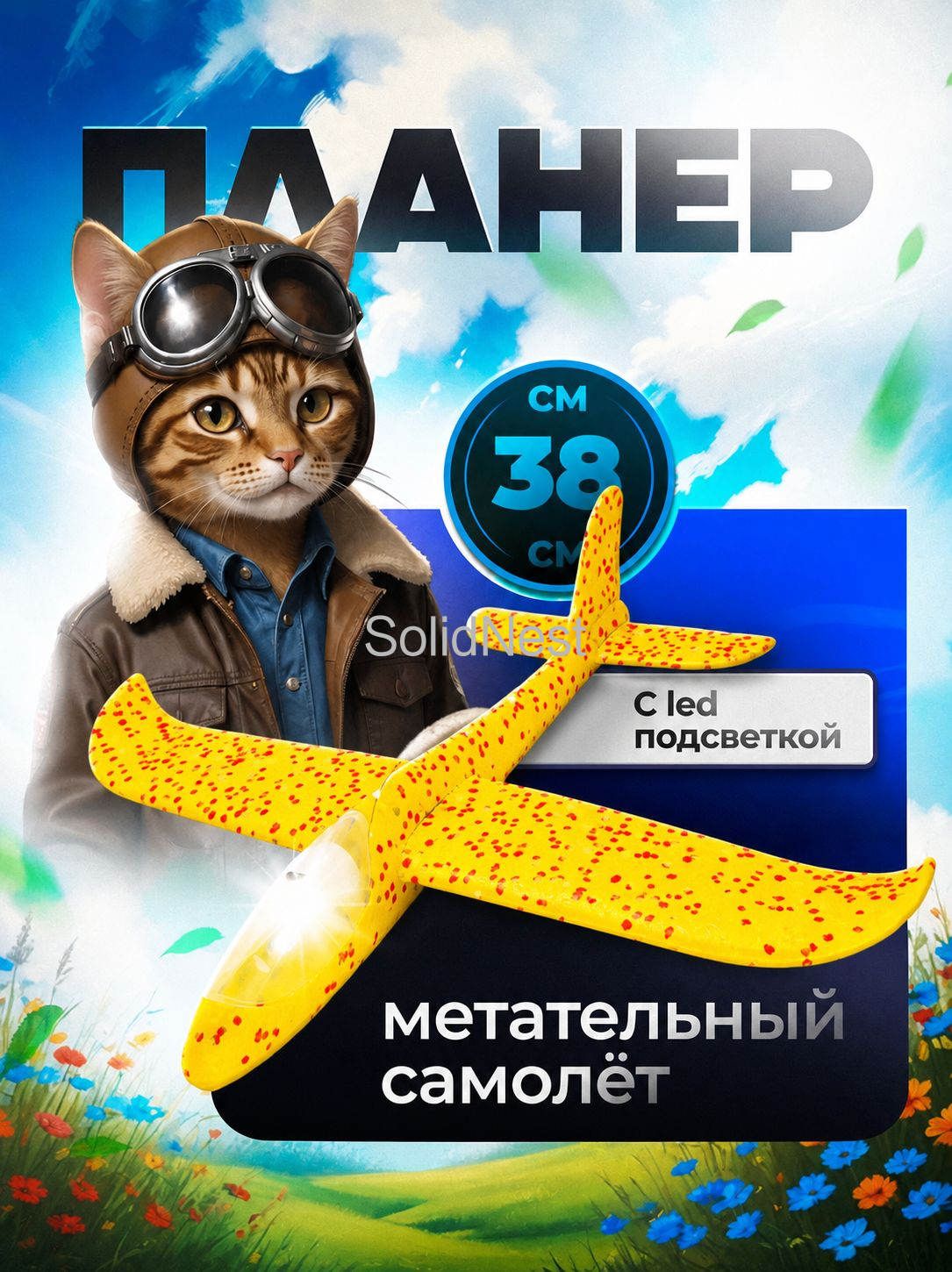 Самолет-игрушка планирующий метательный, пенопластовый, c led-посветкой, 38см//Самолет 38 свет желтый
