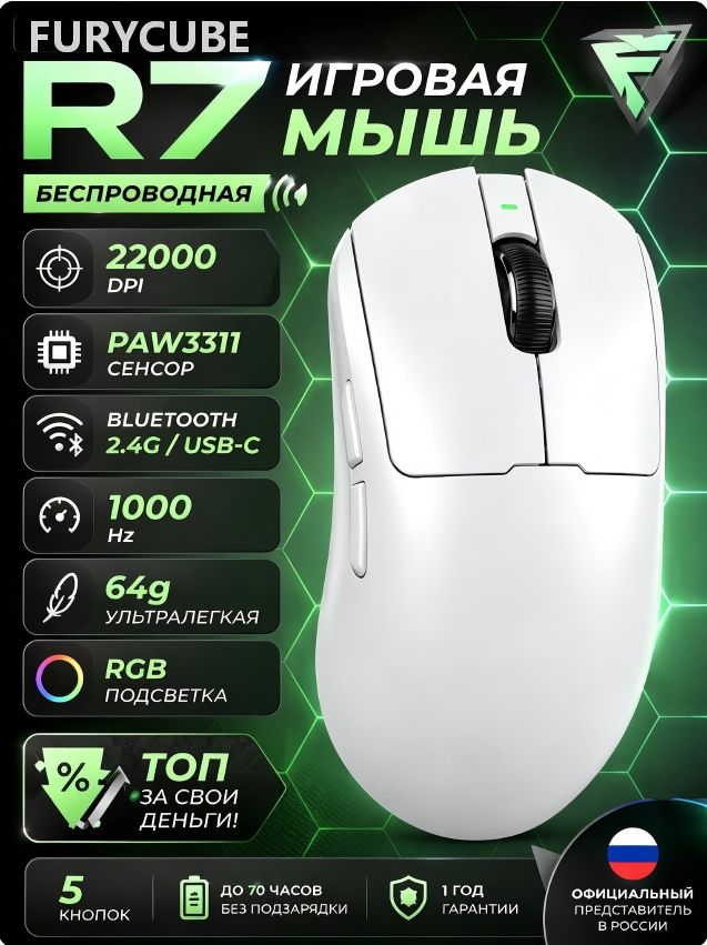 Игровая мышь беспроводная Игровая беспроводная мышь R7 Bluetooth/2.4G USB Type-C, 22000 DPI, 1000Hz, Pixart PAW3311, RGB подсветка, ультралегкая 64 г, эргономичная мышка