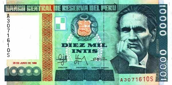 Перу 10000 инти 1988 г /писатель Сесар Вальехо/ UNC