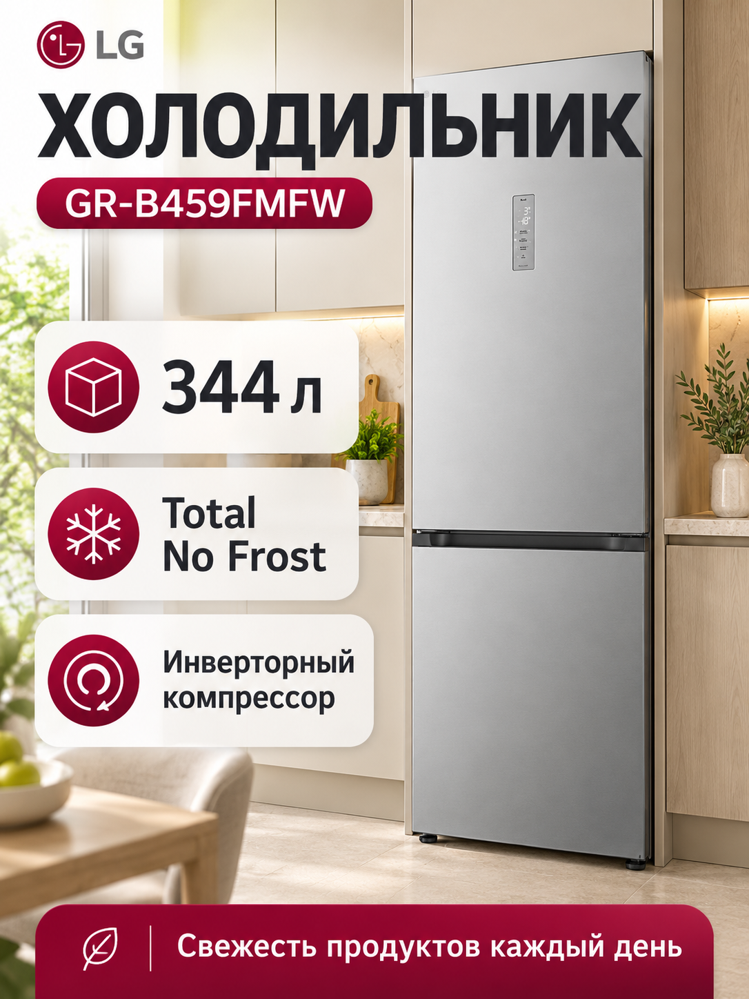 Холодильник LG GR-B459FMFW, двухкамерный, 344л, A++, инверторный, No Frost