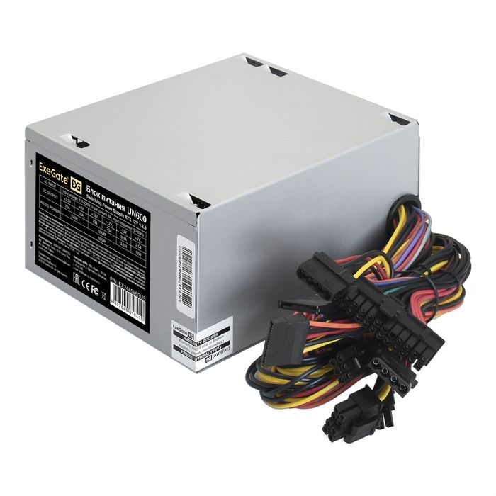 Блок питания для ПК ExeGate UN600 EX244556RUS-S, серебристый, 600W, 24 pin ATX, 2*(4+4) pin CPU, 2*(6+2) pin PCI-E, 3*Molex, 5*SATA