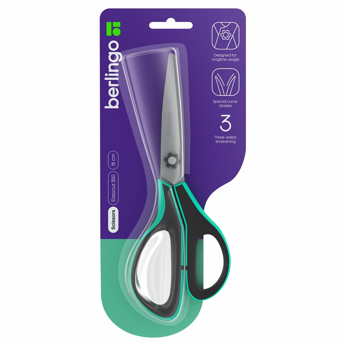 Ножницы Berlingo Easycut 350, 180мм, бирюзовые, эргономичные ручки, мягкие вставки (DNn_18035_b), 12шт.
