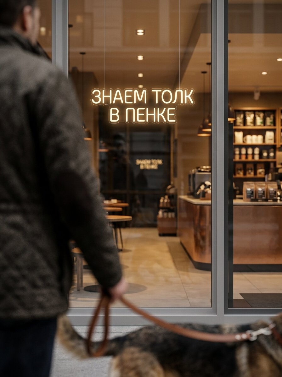 Неоновая вывеска "Знаем толк в пенке" 84х30см, неоновая надпись, LED светильник для кофейни