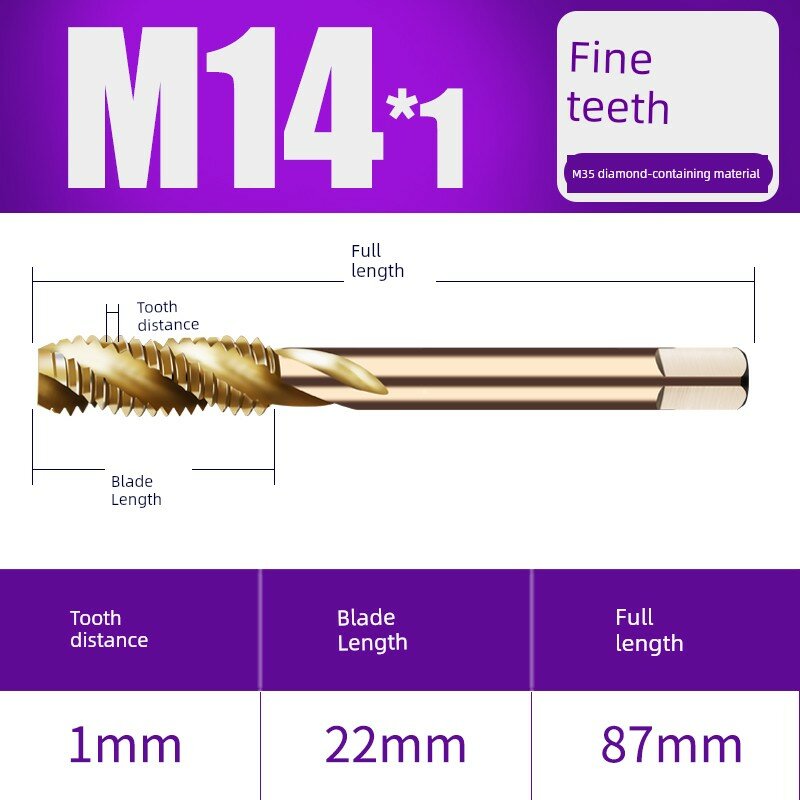 Кобальтовый нержавеющий стальной метчик М14х1.0 с мелкой резьбой для точной обработки
