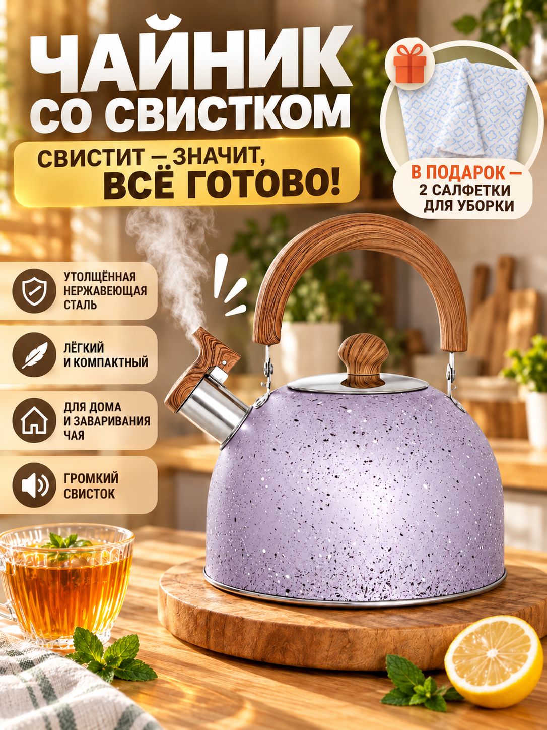 Чайник крышка 4 л крышка в комплекте, чайник-термос нержавеющая сталь сиреневый