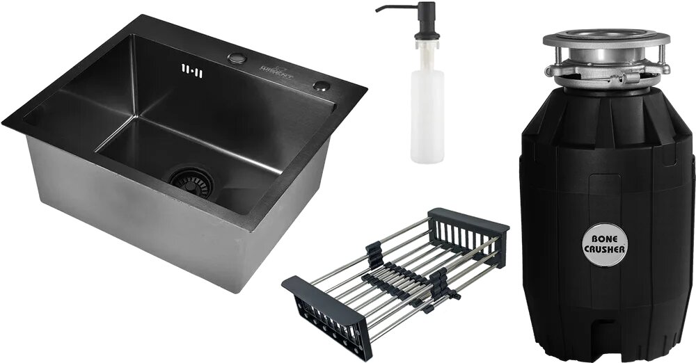 Комплект Мойка Wisent WS35044B/W302644B/W405B/WGER019B 5044B 50x44, графит, нержавеющая сталь / Измельчитель Bone Crusher BC 810-AS электрический, нержавеющая сталь