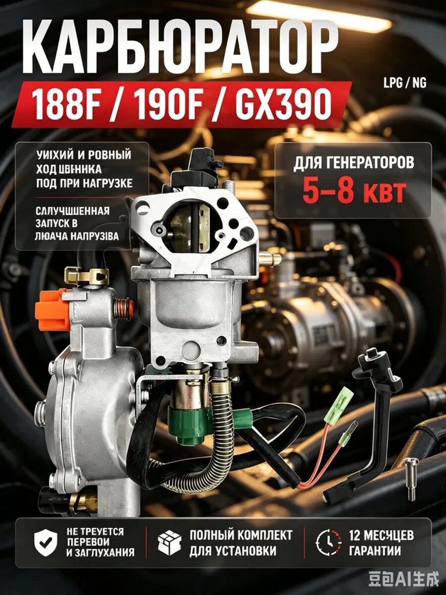 Карбюратор газ-бензин для генератора 188F 190F GX390, алюминиевый, с редуктором