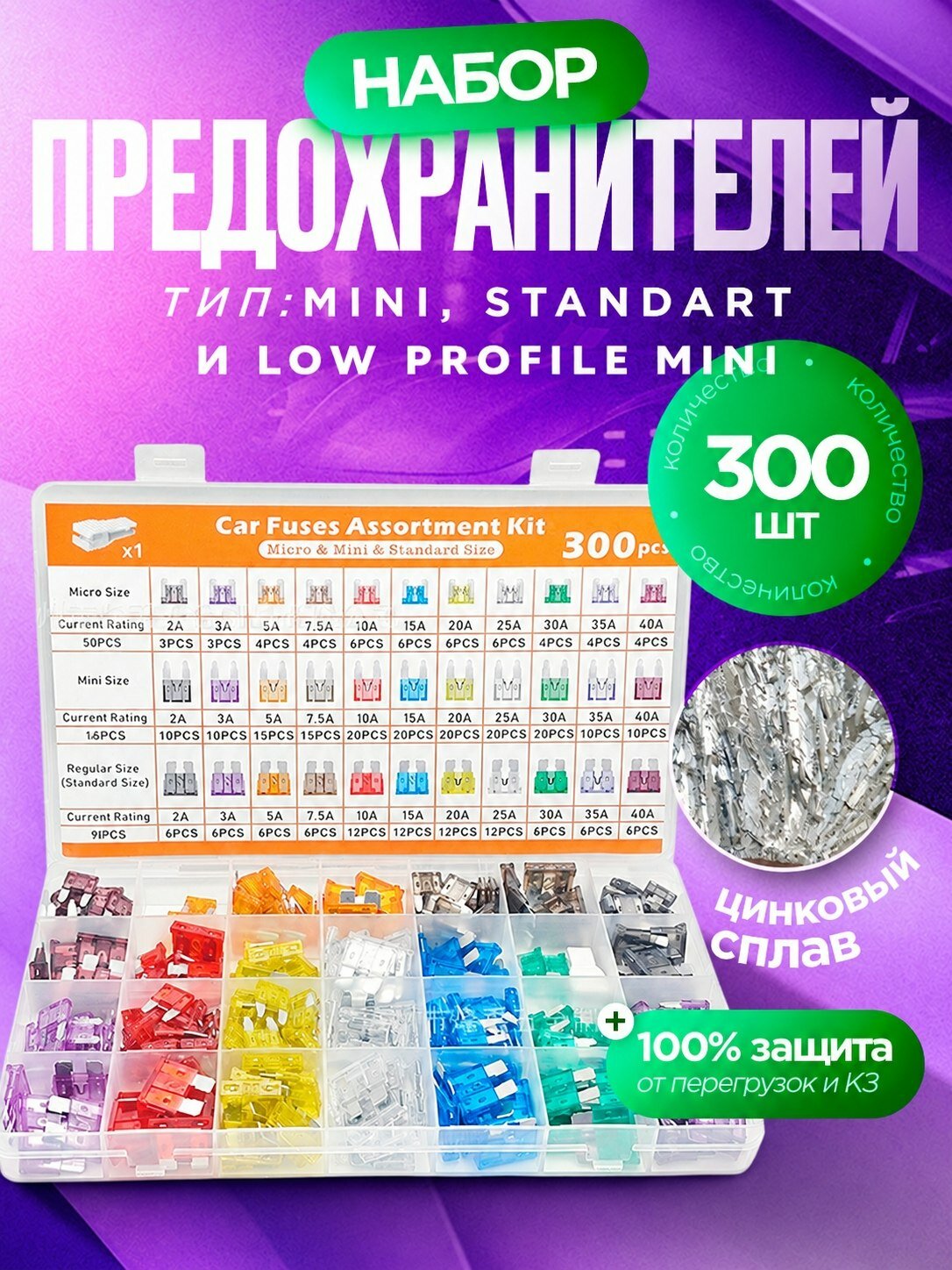 Набор автомобильных предохранителей 300 шт, стандарт + мини+ низкопрофильный мини (2-40A) набор в коробке, с пинцетом