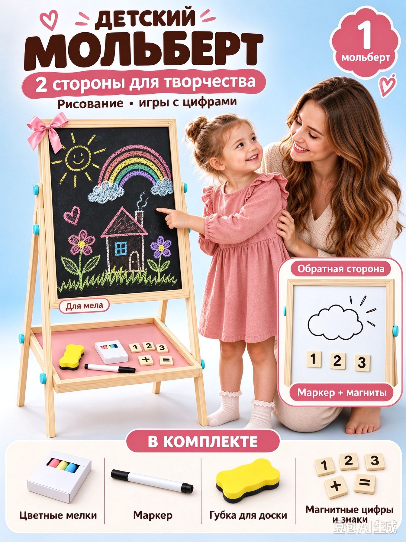 Двусторонняя детская магнитная доска для рисования фломастером и мелом деревянный напольный мольберт с регулировкой высоты