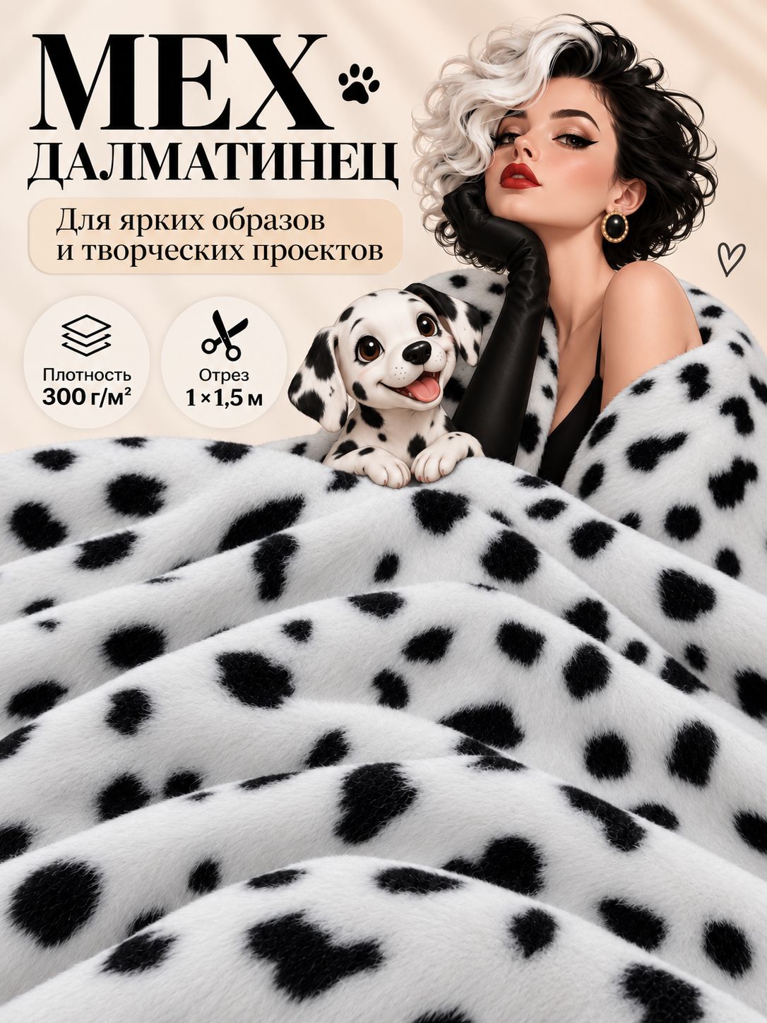 Мех искусственный Далматинец 1х1,50 м, ткань для мягких игрушек, карнавальных костюмов, декора