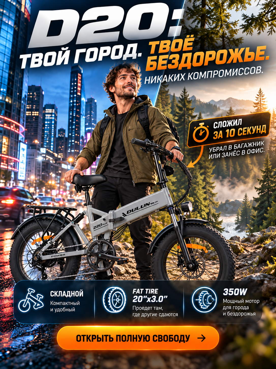 Электровелосипед DULUN 20DL-05: Мощный складной электробайк, литий-ионный аккумулятор, усиленная рама, Fat Tire, черный