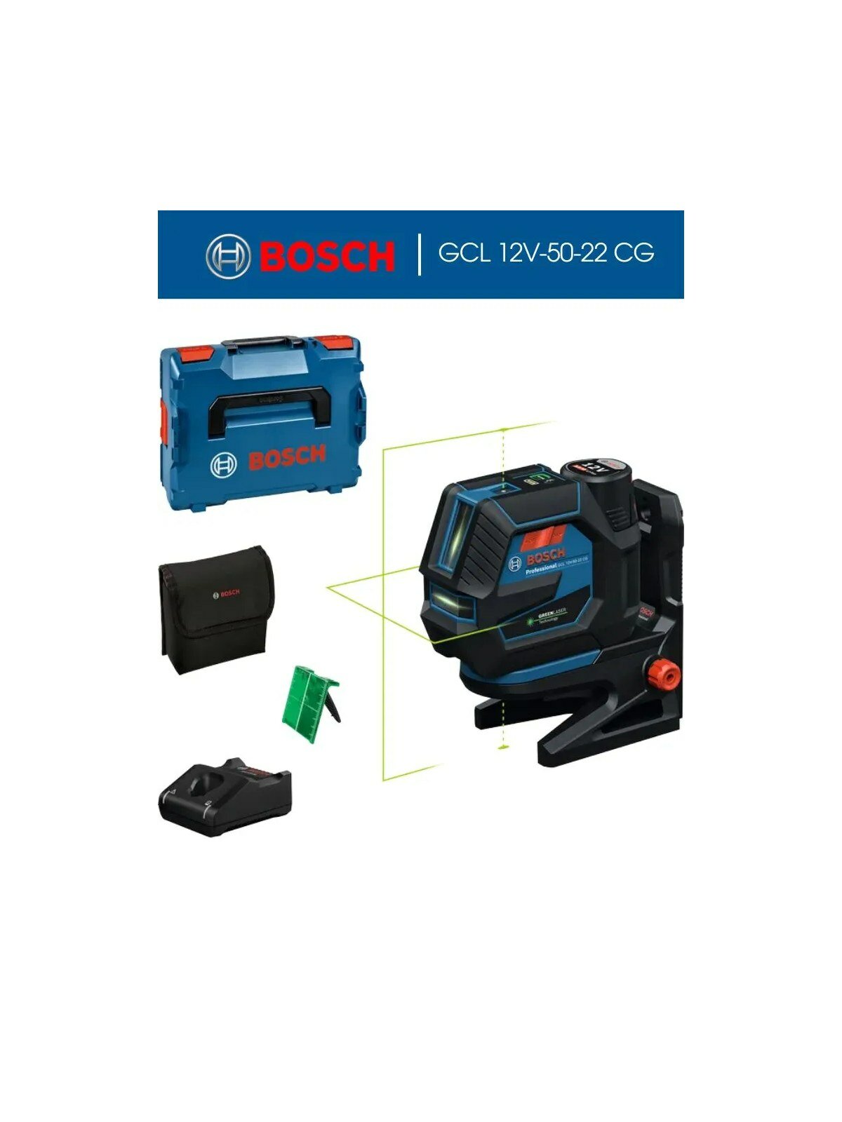 Комбинированный лазерный уровень Bosch GCL 12V-50-22 CG с аккумулятором GBA 12V 2.0Ah и L-BOXX 136, арт. 0601066S02
