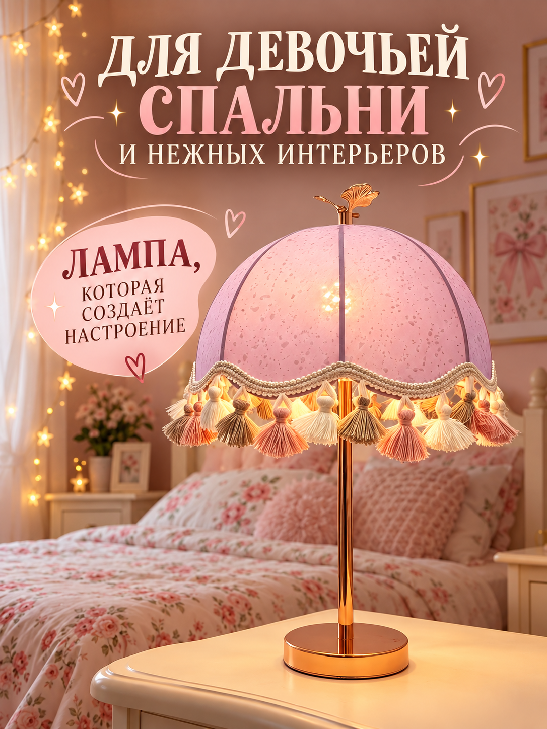 Настольная лампа с фиолетовым абажуром в горошек и кисточками, металлическое основание цвета розового золота, 50 см