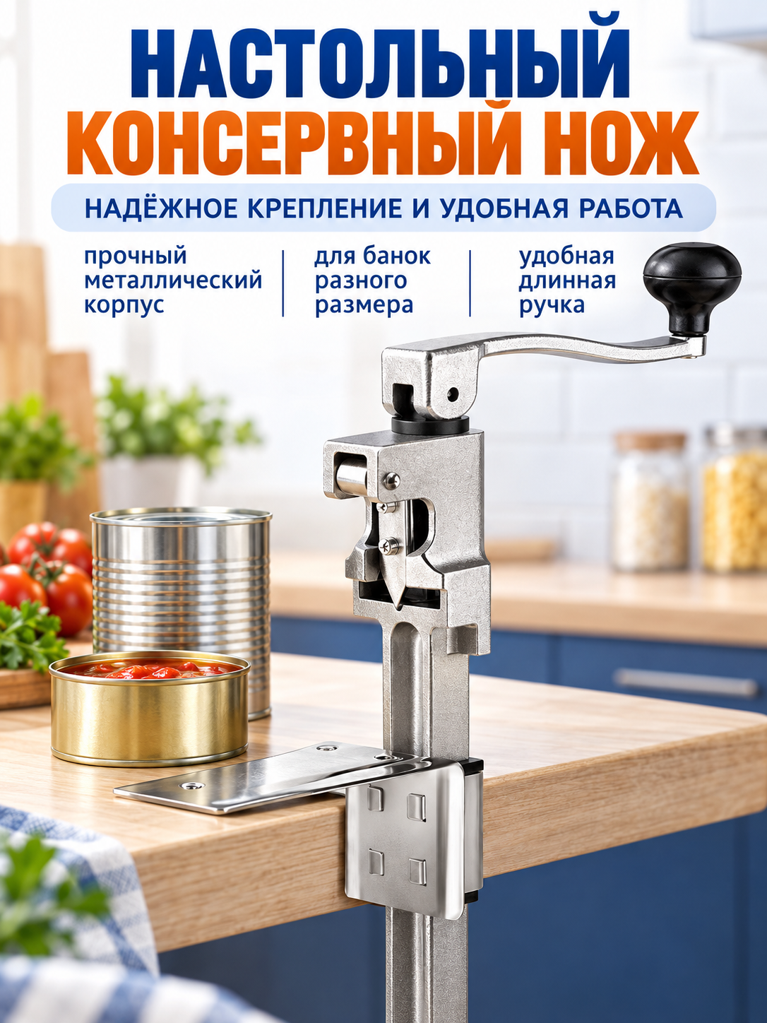 Настольный консервный нож, прочный металлический корпус, для банок разного размера, удобная длинная ручка для кухни