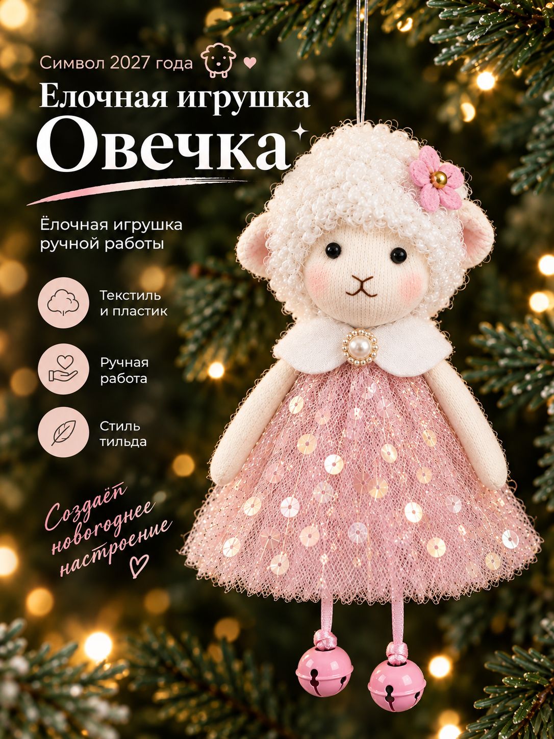 Елочная игрушка Овечка символ года 14 см