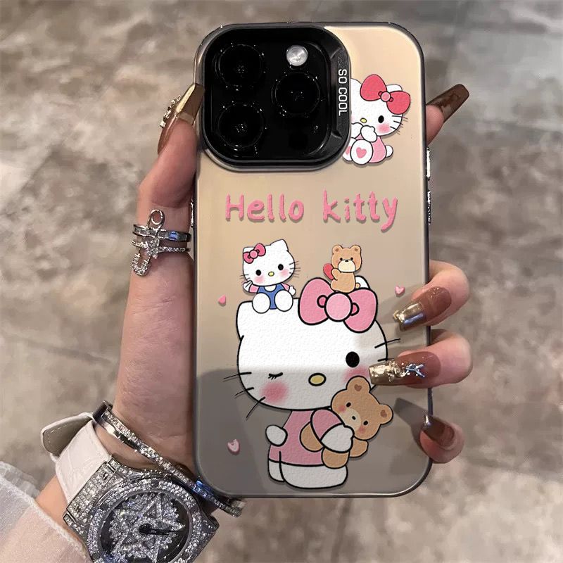 Чехол на Самсунг Galaxy A53 / Samsung Galaxy A53 серо-бежевого оттенка с принтом Hello Kitty и медвежат, антиударный силиконовый чехол