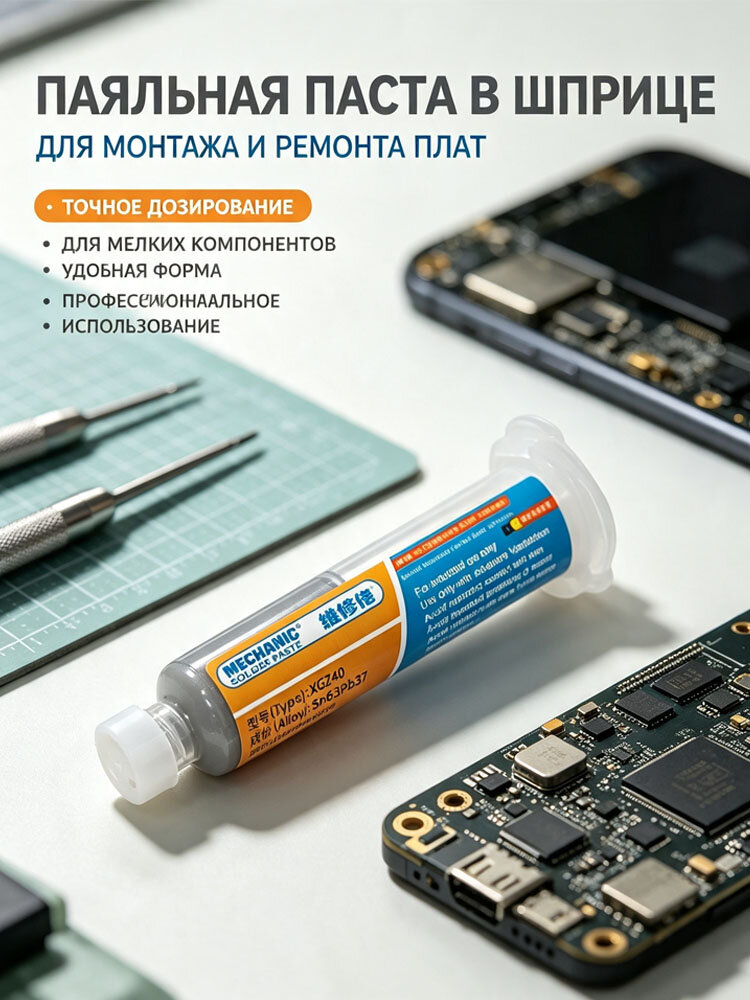 Паяльная паста Mechanic XG-Z40 (XGZ40), бессвинцовая (SAC305), шприц 35г, для BGA и SMD компонентов, флюс ROL0, низкотемпературная, безотмывочная