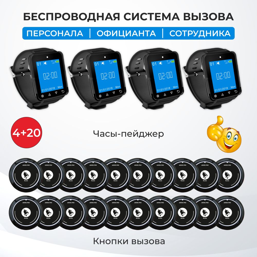 Кнопка вызова персонала официанта и часы пейджер. Комплект системы вызова: кнопка Смайл - 20 шт, часы "Элит" - 4 шт.