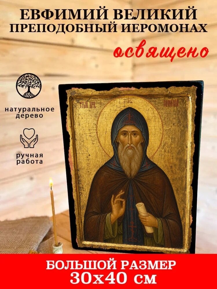 Икона Евфимий Великий, на дереве, 30×40 см, освящённая, ручная работа