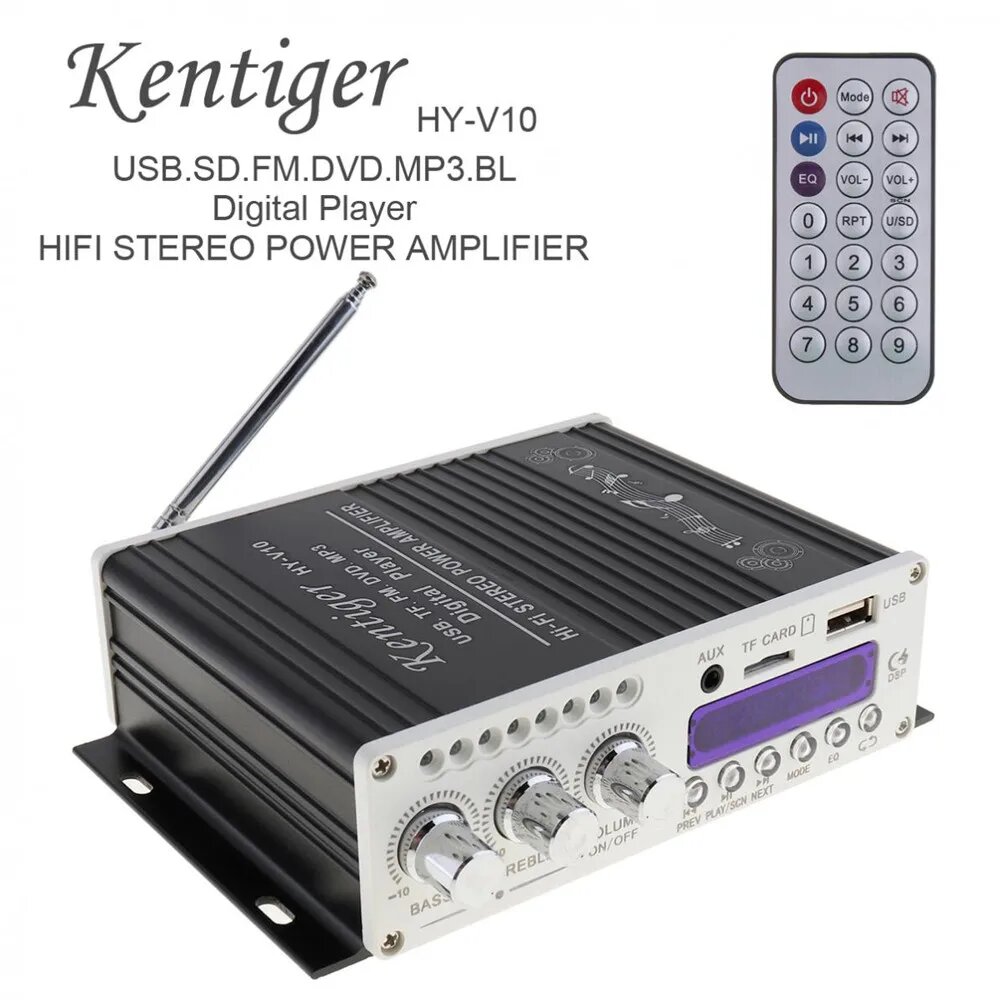 Автомобильный усилитель мощности Kentiger, 12 В постоянного тока, 5 А, 20 Вт x 2 канала, Hi-Fi, Bluetooth, FM-радио, плеер с поддержкой входа SD / USB / DVD / MP3