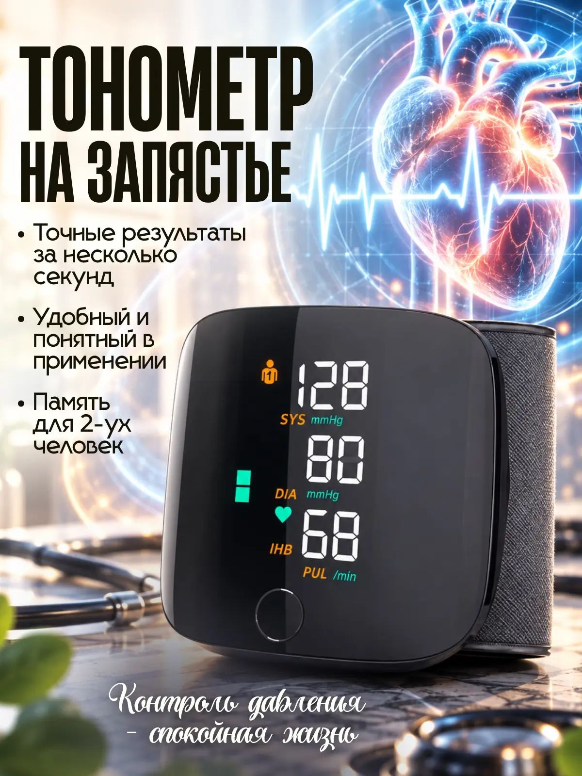 Тонометр автоматический на запястье цифровой. Аппарат для измерения давления с русским голосовым сопровождением