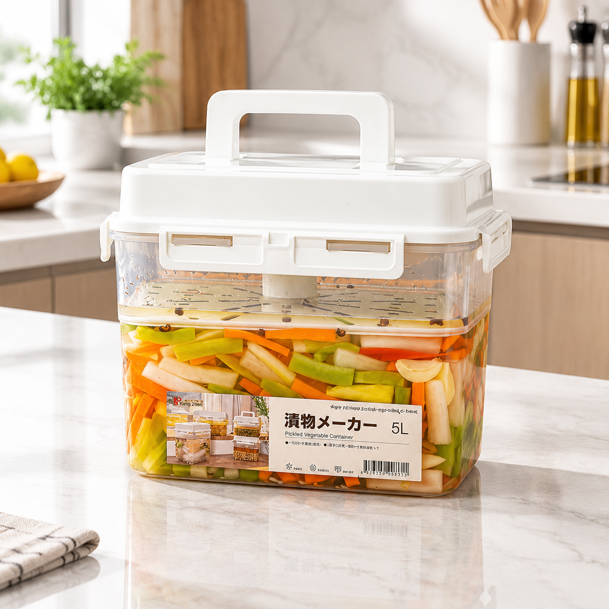 Pickling Container With Press Lid 4 Liter Clear White Detachable Plastic Food Grade BPA Free Fermentation Crock for Sauerkraut Kimchi Pickles Vegetables 4000 ml Large Capacity 23 cm x 16 cm