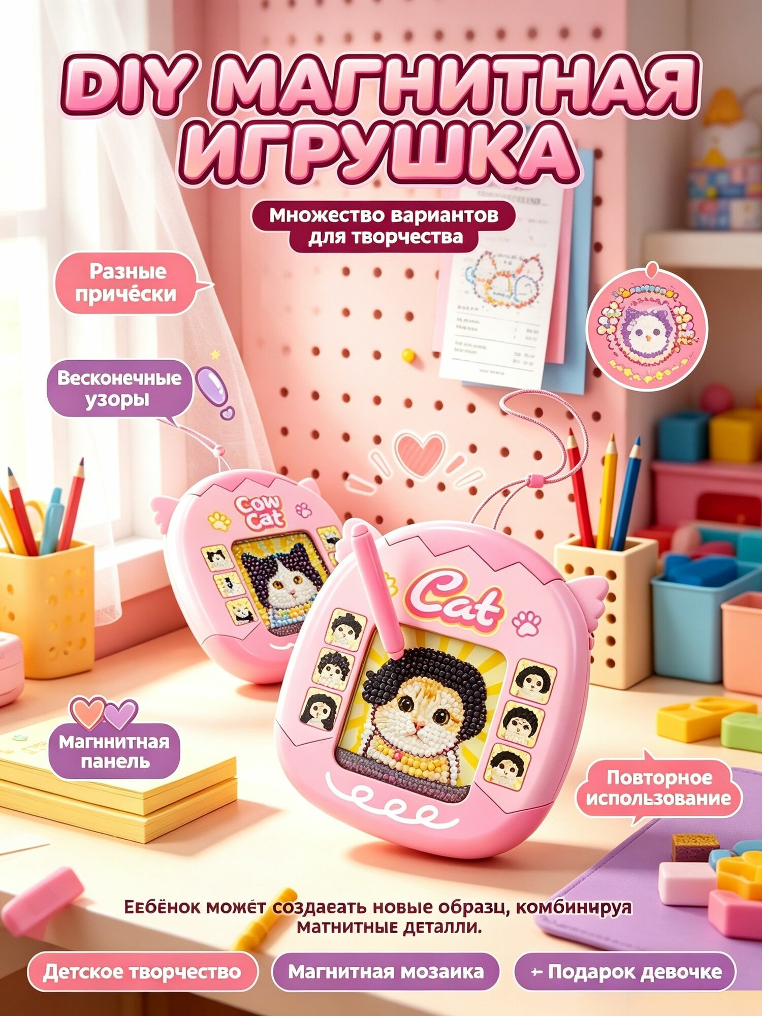 Магнитная игрушка-антистресс с котиком, двусторонняя головол графический планшет