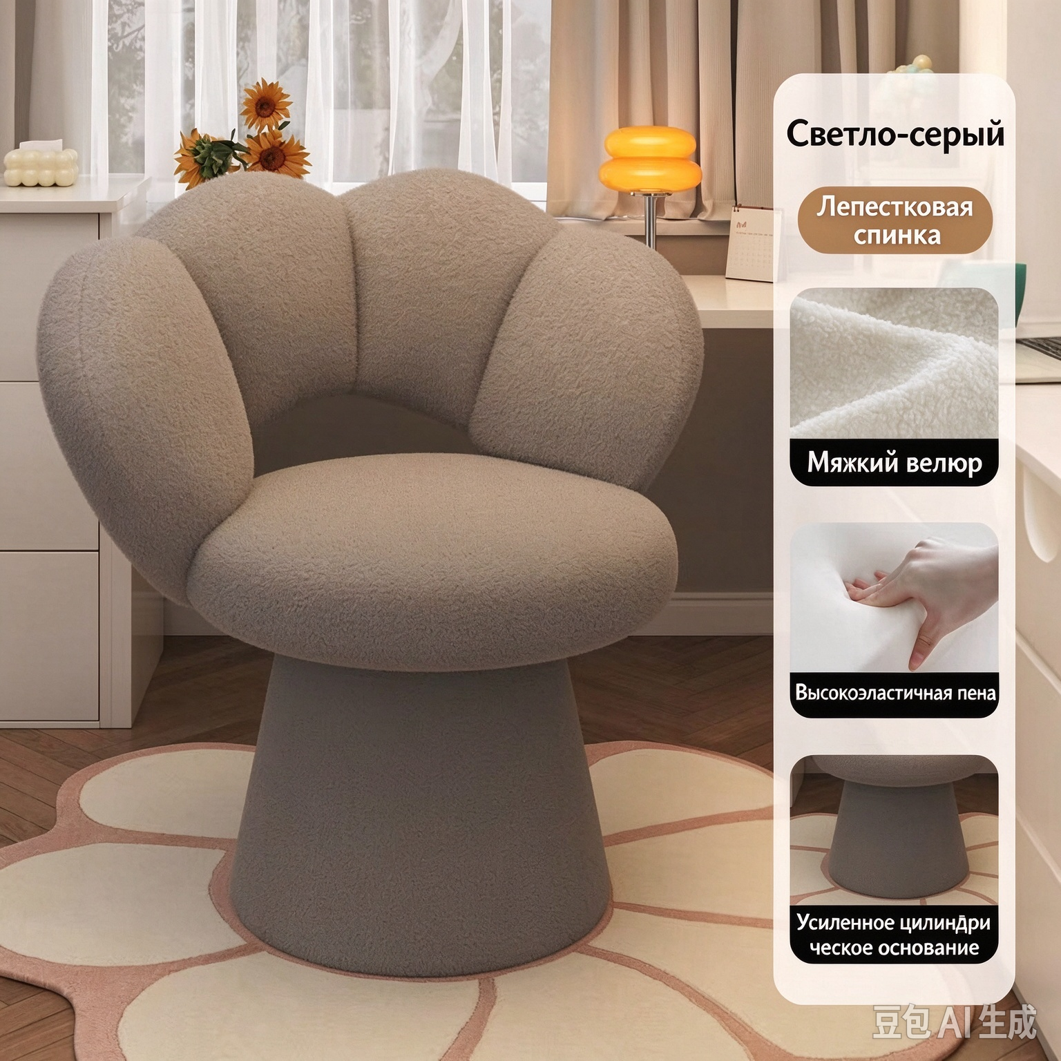 Мягкое кресло-цветок из искусственной овчины, поворотное 360°, для спальни и туалетного столика