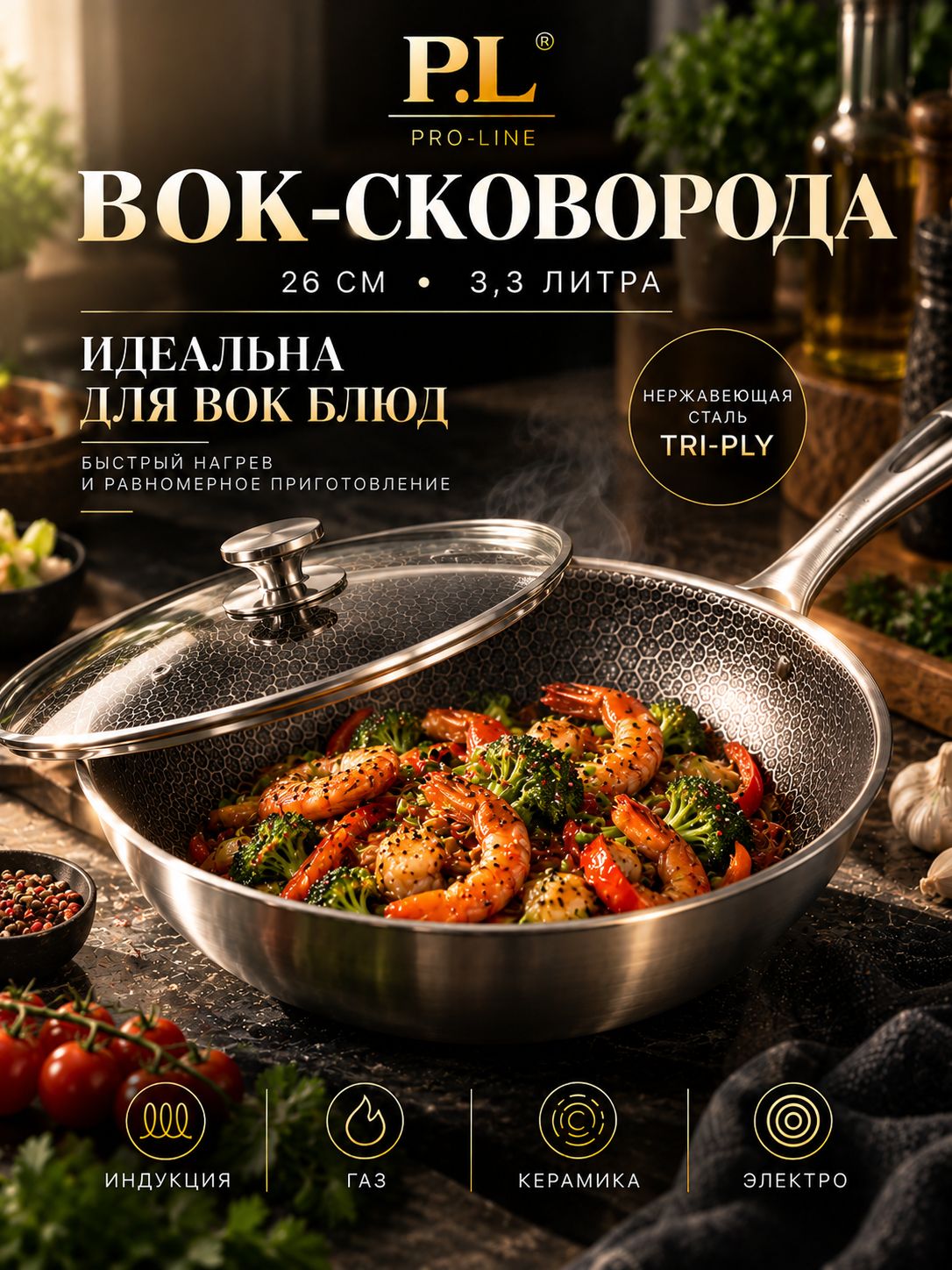 Сковорода вок антипригарная P.L. Proff Cuisine 26 см с крышкой, TRI-PLY, нержавеющая сталь, Honeycombs, для индукции, профессиональная